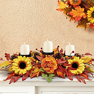 Fall Centerpiece Table Decorations, 27.5'' L Assorted Artificial Peony, Sunflowers, Berries, Autumn Leaves, Pine Cones, Harvest Table Candle Holder for Dinning Table, Fireplace (Candle Not Included)