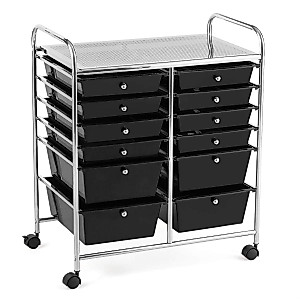 GOFLAME 12-Drawer Rolling Storage Cart, Multipurpose Organizer Cart with 2 Sizes Plastic Drawers, Mobile Utility Cart with Lockable Casters for School, Home Office, Beauty Salon, Black