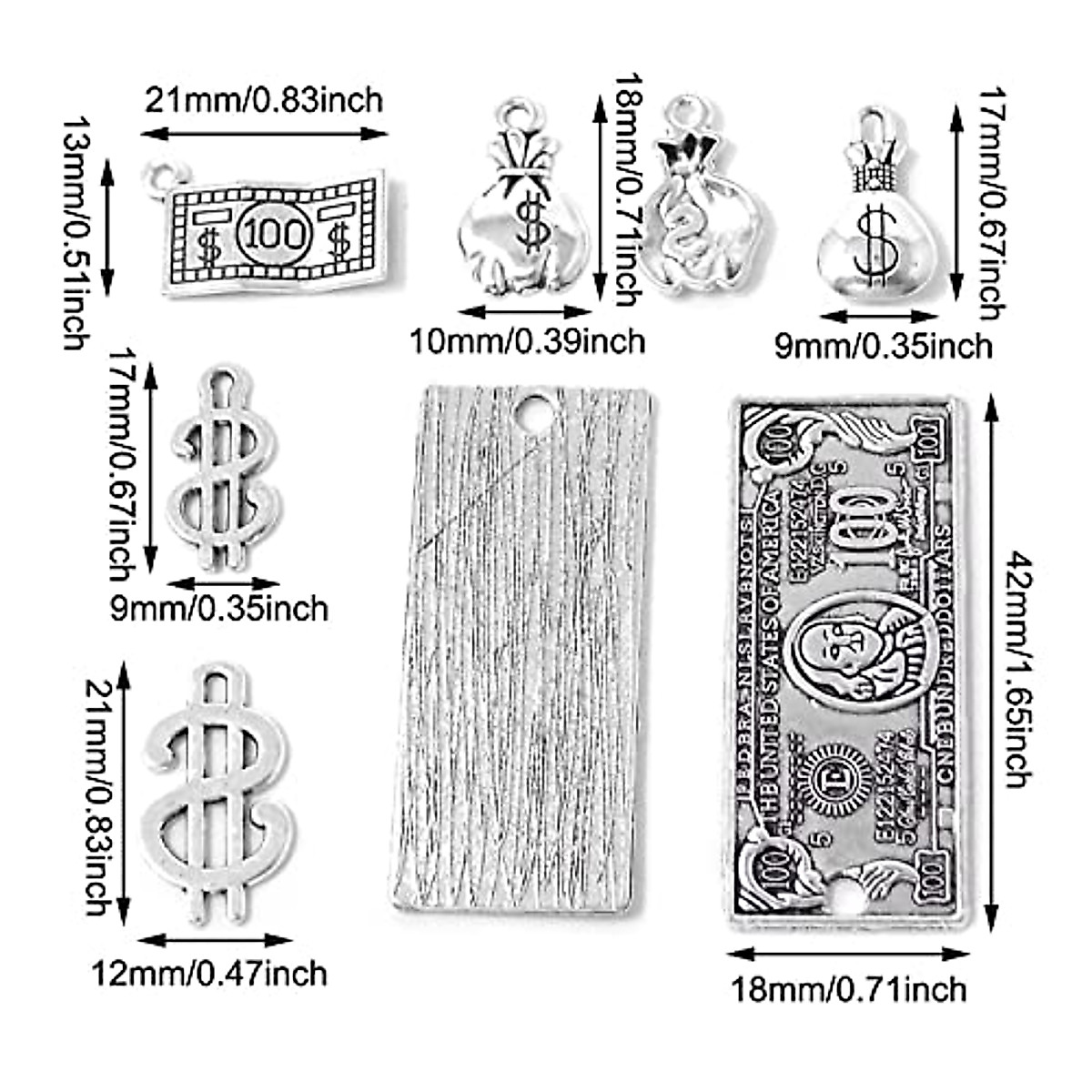 Honbay 60PCS Alloy Dollar Sign Charms Pendant Money Bag 100 Dollars Bill Pendants for Earrings Bracelet Necklace Jewelry Making (6 Style)