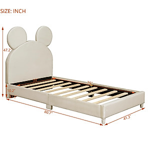 Harper & Bright Designs Twin Size Platform Bed with Bear Ear Shaped Headboard, Modern Velvet Upholstered Twin Bed Frame for Kids,Wood Twin Bed for Girls Boys, No Box Spring Needed, Beige
