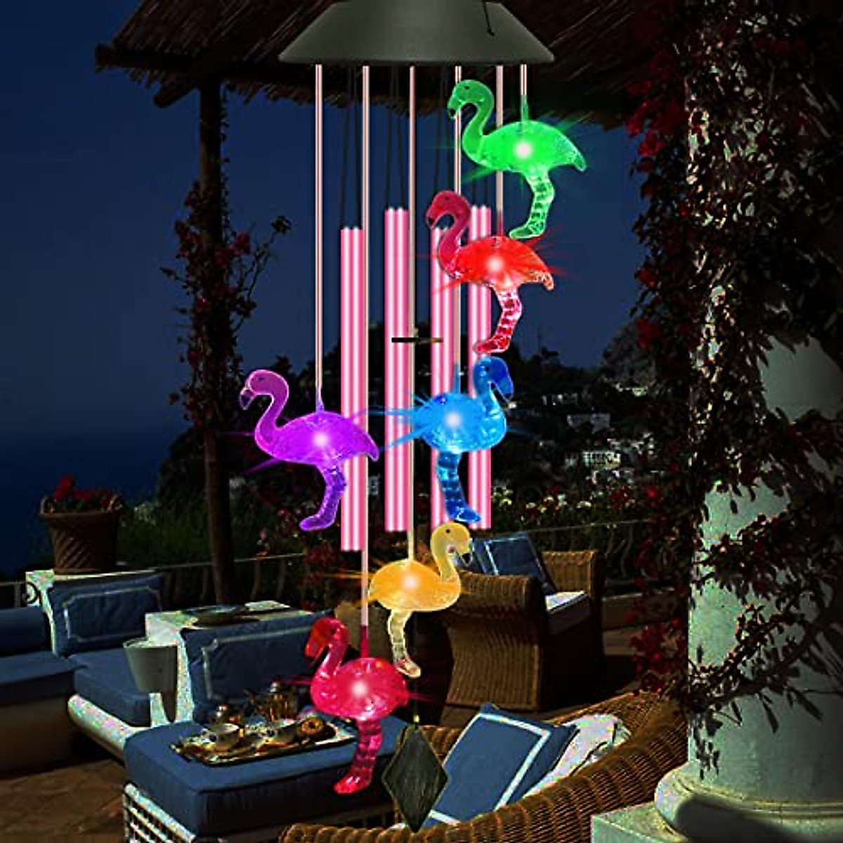 Solar Flamingo Wind Chimes, Flamingo Gifts for Women/Mom/Grandma/Wife/Daughter/Sister,Pink Flamingo Outside Garden Yard Decor