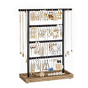 SONGMICS Jewelry Organizer, 4-Tier Earring Holder Organizer Stand with Base Tray, for Studs and Necklaces, Vintage, Wood Color and Black UJJS019B01