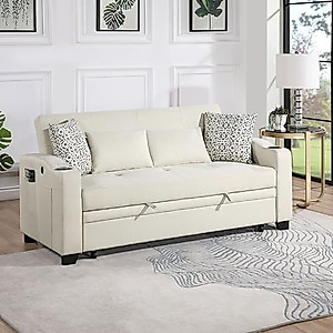 ERYE 3 in 1 Queen Size Upholstered Loveseat Sofabed Modern Functional Convertible Sleeper Sofa Bed with Pull Out Sleep Couch Daybed, Cupholders, USB Charging Ports,4 Pillows for Living Room