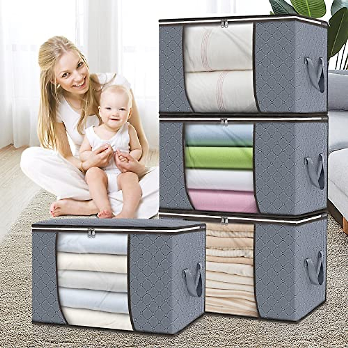 90L Large Storage Bags - 4 Pack Clothes Storage Bins, Foldable Closet Organizer Storage Containers with Durable Handles and Thick Fabric for Comforters, Clothing, Blanket, Bedding and Toys (Grey)