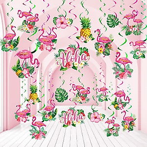 Fuutreo 54 Pcs Flamingo Party Hanging Swirl Decorations Tropical Flamingo Ceiling Hanging Swirls Hawaiian Party Ceiling Decor for Flamingo Summer Aloha Hawaiian Beach Luau Party Supplies Decor