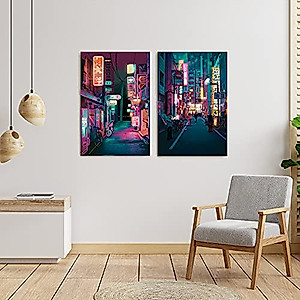 KOSHENIA Anime Poster Japanese Wall Art Set of 2 - Japan Print on Canvas Roll - Tokyo Neon Night City Scene Wall Decor Gift - Preppy Poster for Room Aesthetic UNFRAMED 11x14