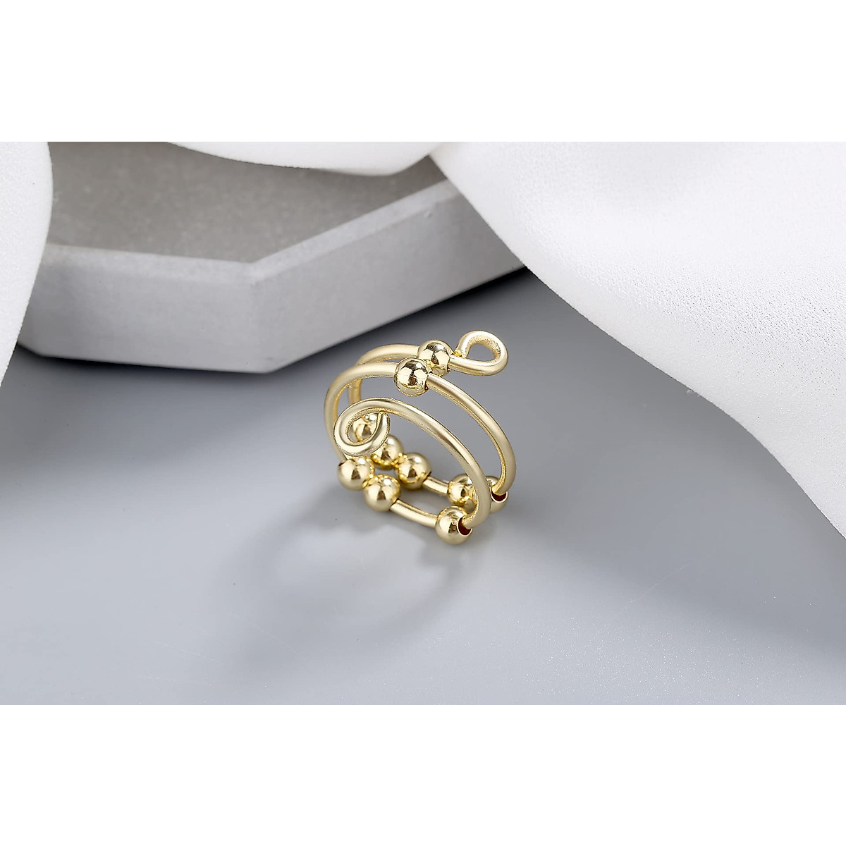 OIDIMS Unique Spinner Fidget Beads Ring for Anxiety for Women Coil Spiral Rotate Freely Inspirations Jewelry Crochet Loop Knitting Expandable Adjustable Best Friends Dainty Birthday (Silver)