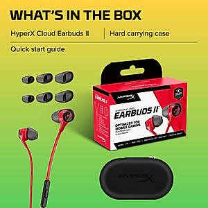 HyperX Cloud Earbuds II – 14mm Drivers, Four Eartips, Hard-Shell Carrying Case, Low-Profile 90° Plug, 3.5mm Plug, Built-in Microphone, Multi-Function Button, PC, Mobile, Nintendo Switch – Red