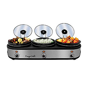 MegaChef Warmer Elite 2.5 Quart Slow Cooker and Buffet Server in Brushed Silver and Black Finish with 3 Ceramic Cooking Pots and Removable Lid Rests