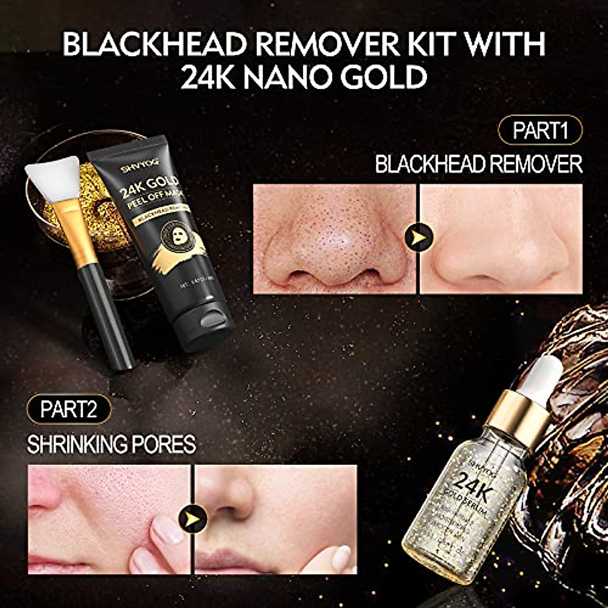 Blackhead Remover Mask, 3-in-1 Peel off Face Mask with 24K Gold Serum & Silicon Brush,24K Gold Facial Mask For Deep Cleansing Blackhead, Whitehead, Pores, Acne, Oil, Peel Mask Black Mask(80g+20ml)