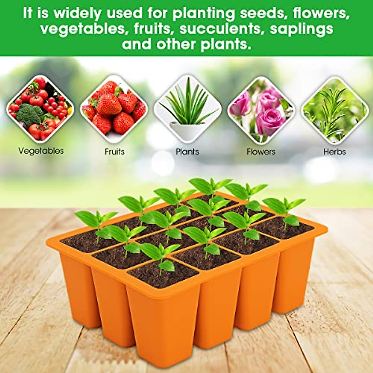 Generic Silicone Seed Starting Tray, Orange, Reusable, BPA Free, 2 Pack, 24 Cells Total, 1.6 x 1.6 x 2.8 Inches