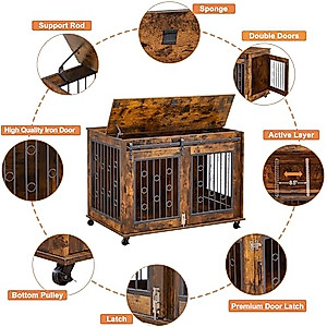 Rophefx Dog Crate Furniture with Sliding Door, Dog Kennel Indoor with Partition for Two Puppies, Dog Cage with Flip-up Top and Wheels, Chew-Resistant Wooden Double Dog Crate, Brown
