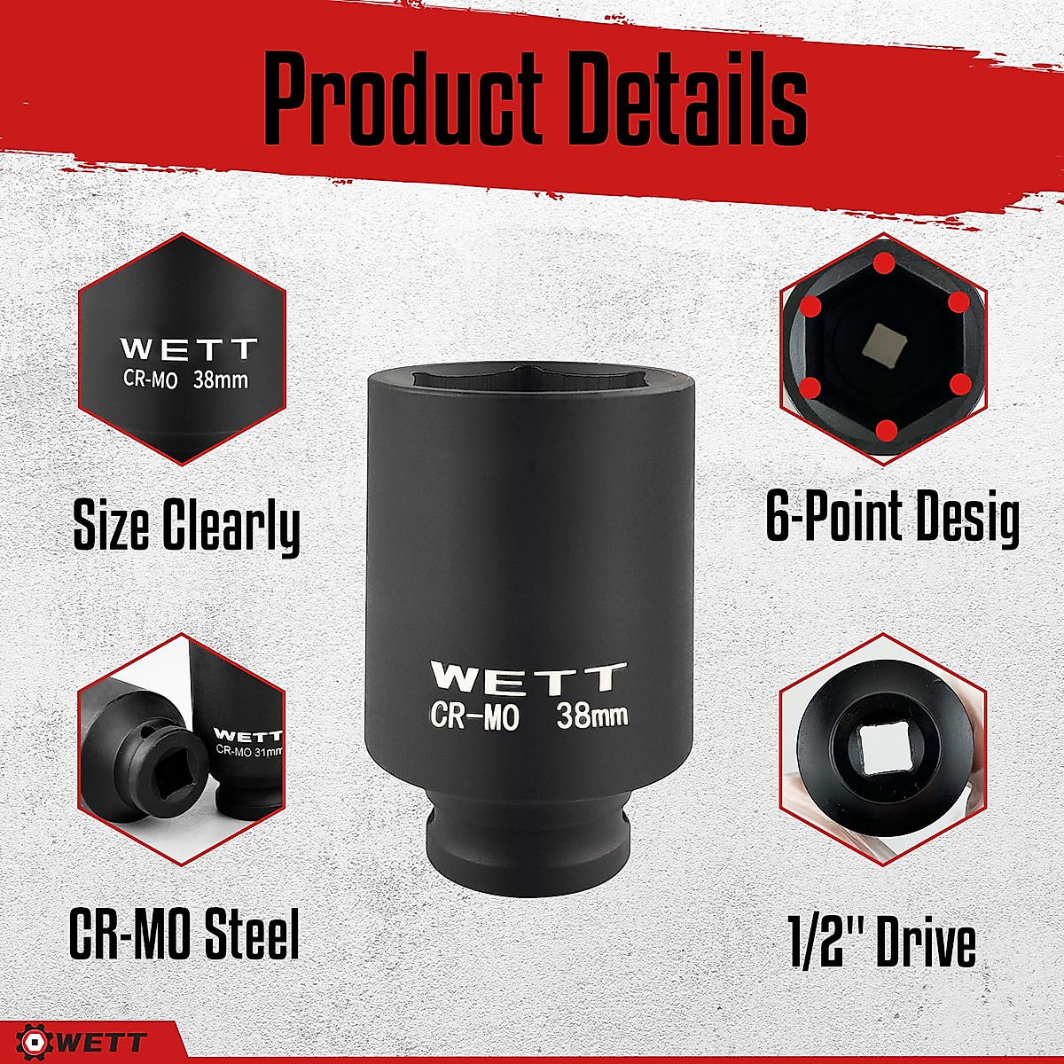 WETT 1/2" Drive Deep Impact Socket Set, 9-Piece Spindle Axle Nut Metric 6 Point Sockets Set, CR-MO, 29mm-38mm
