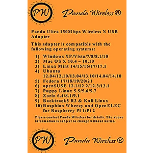 Panda Ultra 150Mbps Wireless N USB Adapter - Windows XP/Vista/7/8/8.1/10, Mac OS X 10.4-10.10, Mint, Ubuntu, Fedora, openSUSE, BackTrack5 R3, Kali Linux and Raspberry Pi 1/Pi 2