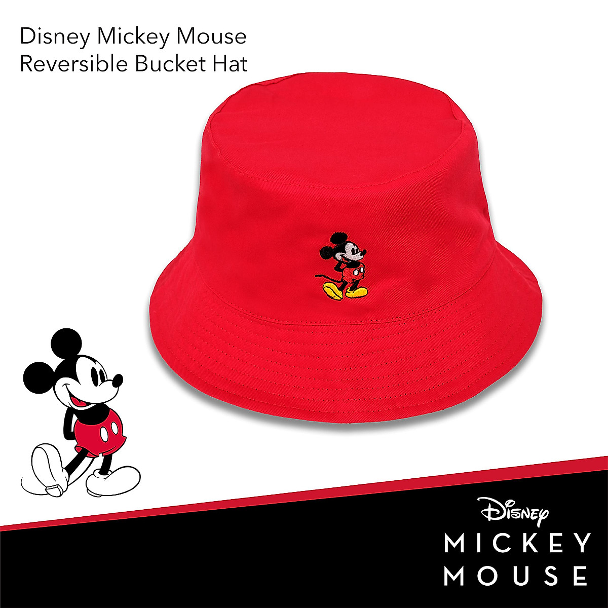 Disney Mickey Mouse Reversible Patterned Bucket Hat, Packable Travel Hat, Red, One Size