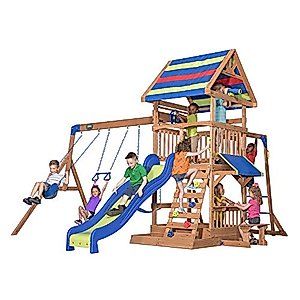 Backyard Discovery Beach Front All Cedar Wooden Swing Set, Large Upper Deck with Canopy, Ships Wheel, Play Telescope, Sandbox, Snack Bench, Rock Wall