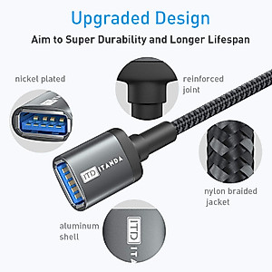 ITD ITANDA USB Extension Cable 6FT USB 3.0 Extension Cord A Male to A Female Nylon Braided Material for Playstation, Xbox, Keyboard, Mouse, USB Flash Drive, Printer, Camera and More (6FT, Grey)