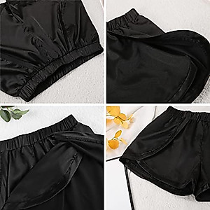 Womens Pajama Sets Silk Satin 3 Piece Sleepwear Cami Shorts and Long Sleeve Top Set Soft Comfy Loungewear, 3-black-imitation Silk-3pcs