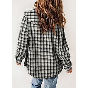 Dokotoo Womens Winter Plaid Jackets for Women Fashion Fall Button Down Long Sleeve Sherpa Shacket Jacket Women Fleece Hooded Coats Outerwear Oversized Flannel Shirts for Women with Pockets Black M