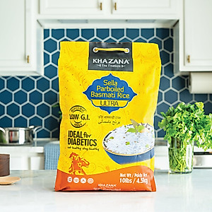 Authentic Ultra Long Parboiled Basmati Rice by Khazana in 10 lb Bag - Aromatic and Flavorful Indian Grain - Non-GMO, Gluten Free, Kosher, Cholesterol Free