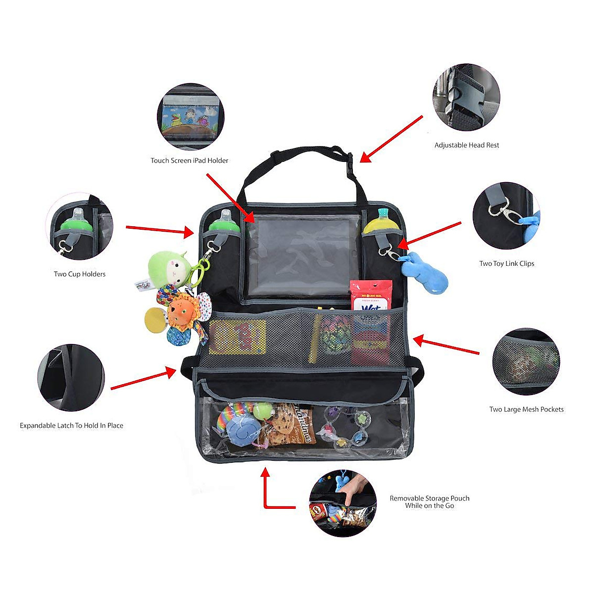 Jeep J is Deluxe Backseat Car Organizer, Kickmat Seat Protector, Universal Design with Pockets, Bottle Holder, Touch Screen Enabled Tablet Holder and Removable Travel Pouch, Snack, Toys, Gadget