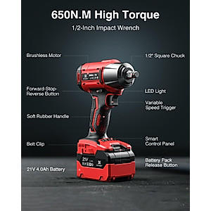 Avhrit Cordless Impact Wrench 1/2 Inch, 480Ft-lbs(650Nm) Brushless 1/2 Impact Gun w/ 2x 4.0 Batteries, Fast Charger, 4 Sockets, 6 Screws, Electric Impact Wrench for Home Car Tires