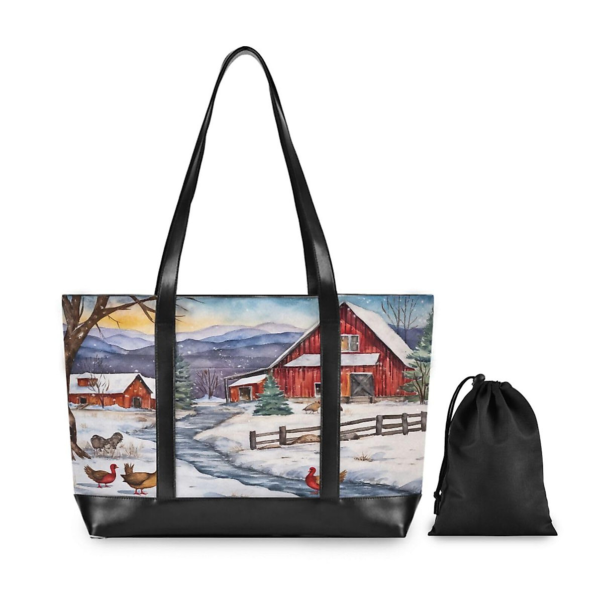 Snowy Christmas Painting Farmhouse Laptop Tote Bag for Women Canvas Teacher Tote Bags Travel Work Bag Handbags Purse Zipper