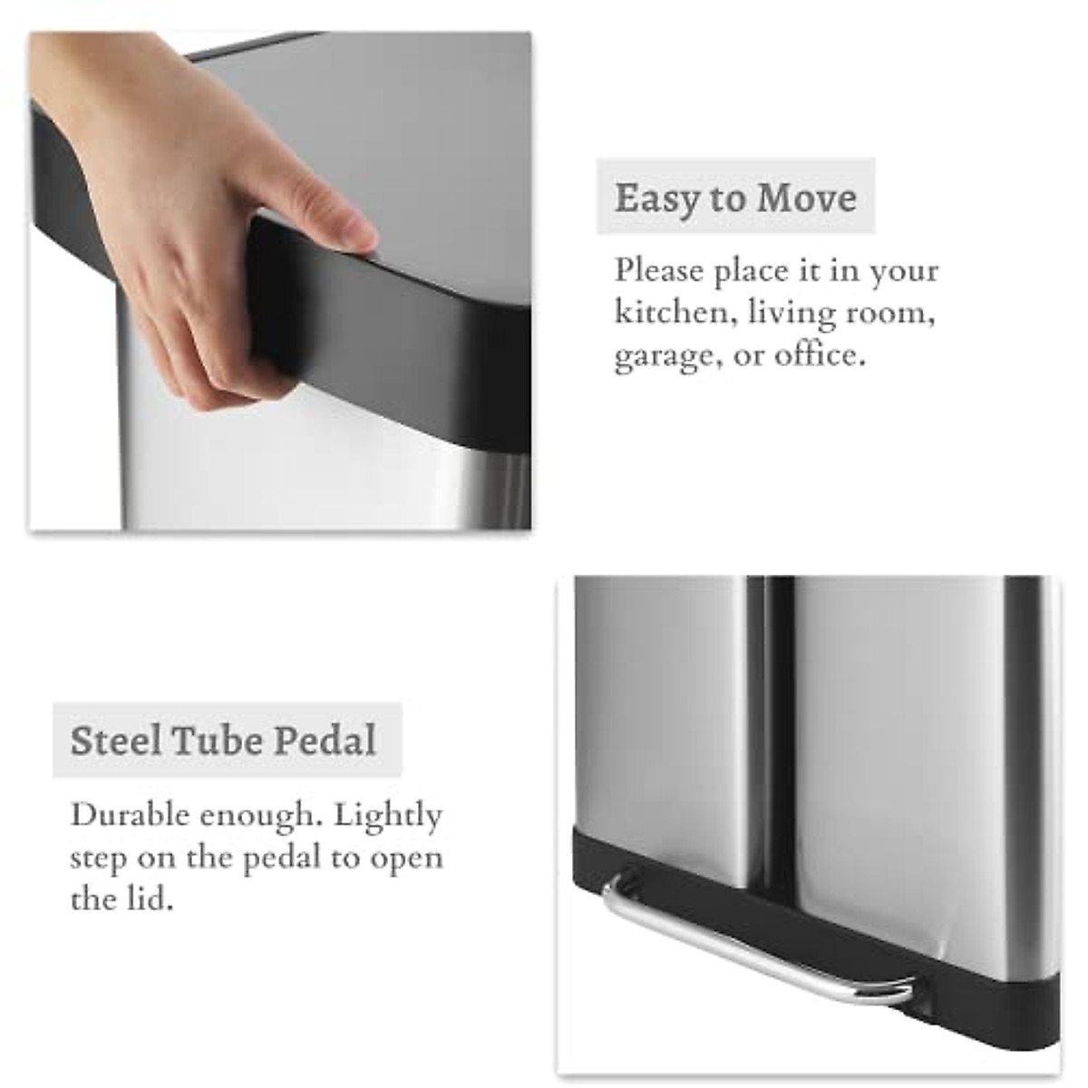 Arlopu 16 Gallon Dual Trash Can, 60L Stainless Steel Kitchen Garbage Can, Step-on Classified Recycle Garbage Bin with Removable Inner Buckets, for Kitchen, Living Room, Office, Silver (2x30L)