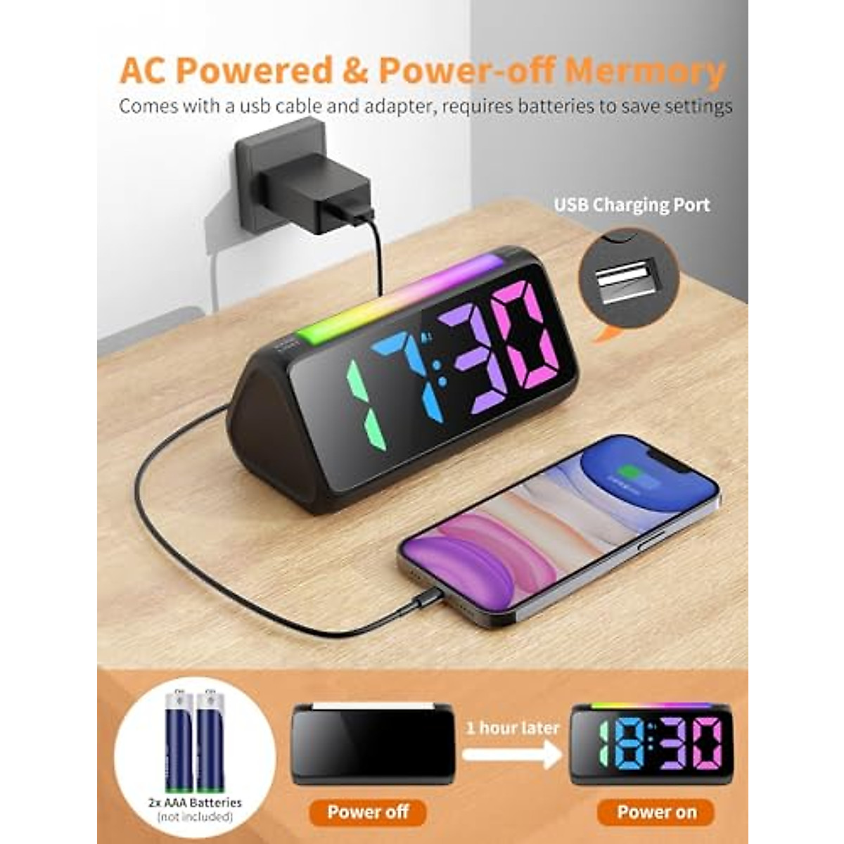 Netzu Digital Alarm Clocks for Bedrooms, Bedside Clocks with RGB Night Light, Rainbow Time, Large Display, Dual Alarm, Snooze, LED Desk Dimmable Alarm Clock for Kids Teens (Black)