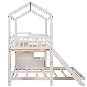 Harper & Bright Designs Twin Over Full House Bunk Bed with Stairs and Slide, Full-Length Guardrail, Wooden Floor Bunk Bed Frame for Kids Teens Girls Boys, Playhouse Design (White)