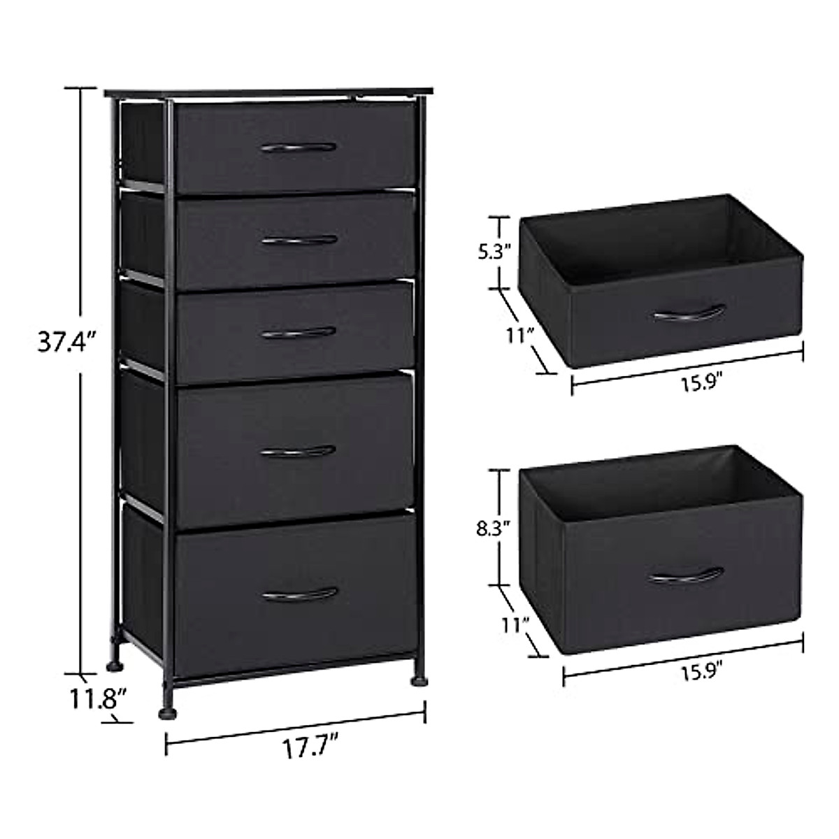 ZenStyle Fabric Dresser with 5 Drawers, Vertical Dresser Storage Tower, Storage Cabinet Organizer Unit for Bedroom, Living Room, Closet, Entryway, Hallway, Nursery Room, Black