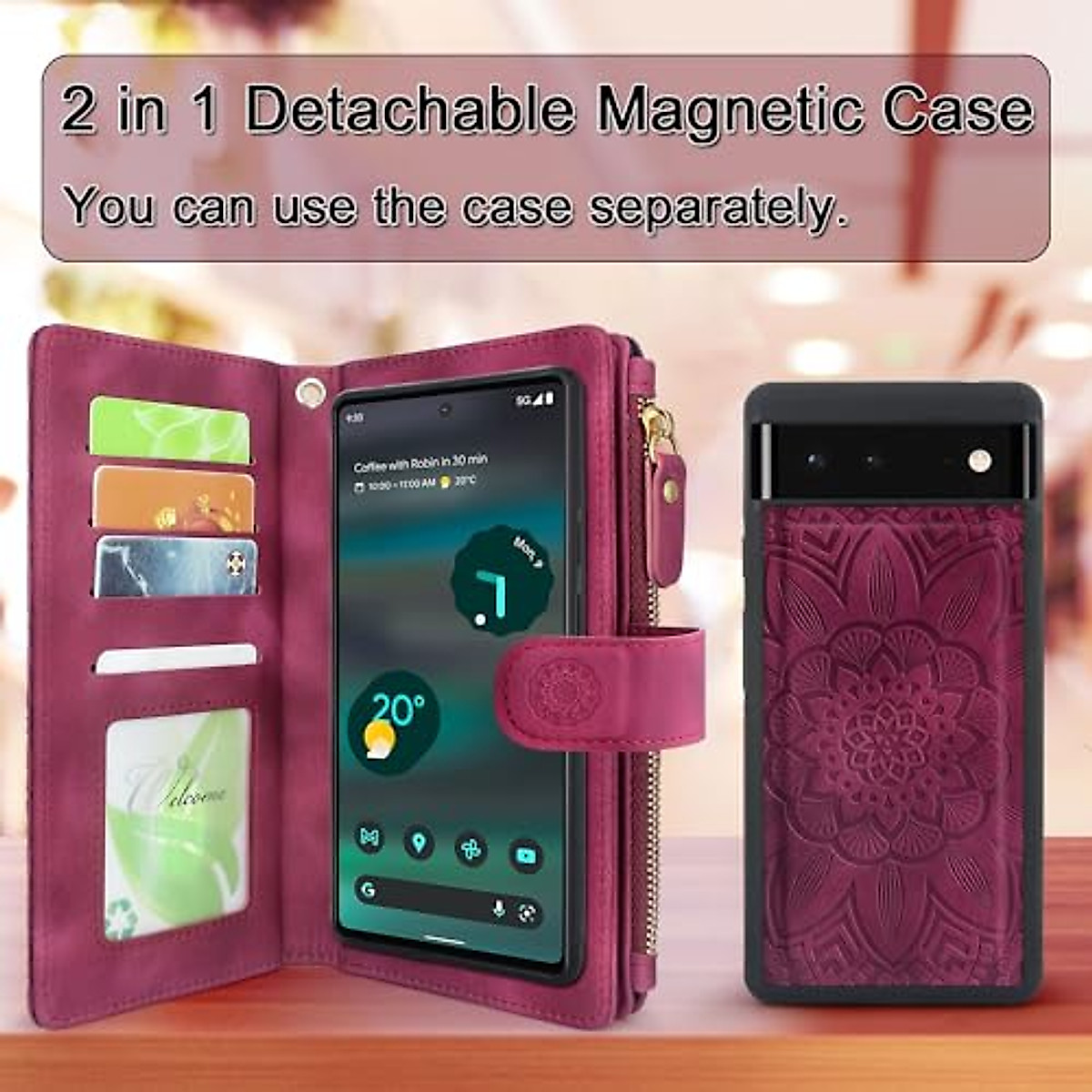 Harryshell Detachable Magnetic Zipper Wallet Leather Case with Cash Coin Pocket 12 Card Slots Holder Wrist Strap Lanyard Compatible with Google Pixel 6A 5G (2022) (Flower Wine Red)