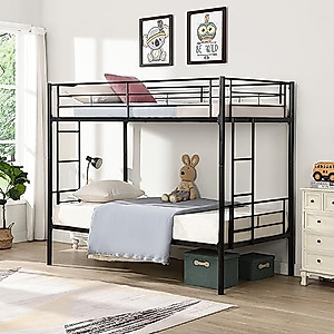 Anwickmak Twin Over Twin Bunk Bed with Ladder and Full-Length Guardrail, Metal Frame Bunk Bed for Kids/Teens/Adults, No Box Spring Needed (Black)