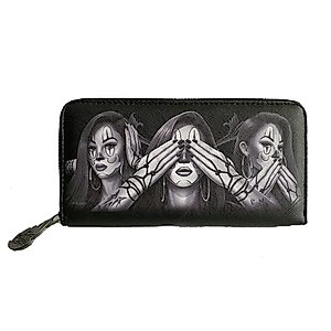 DGA Day of the Dead Lowrider See No Evil Hear No Evil Chola Women's Clutch Zippered Wallet, black