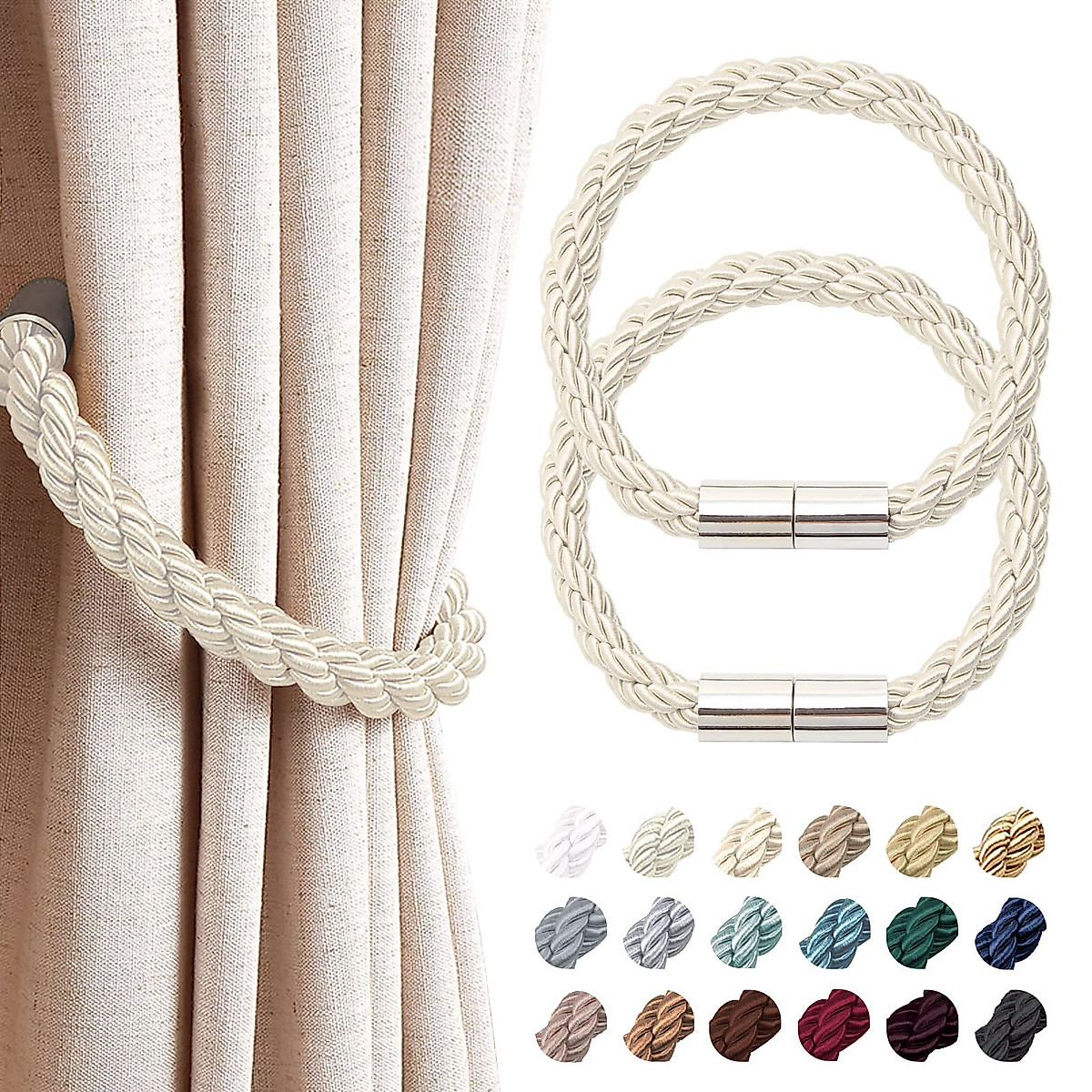 NICEEC 2 Pack Strong Magnetic Curtain Tiebacks Modern Simple Style Drape Tie Backs Convenient Decorative Weave Rope Curtain Holdbacks for Thin or Thick Home & Office Window Draperies (Beige)