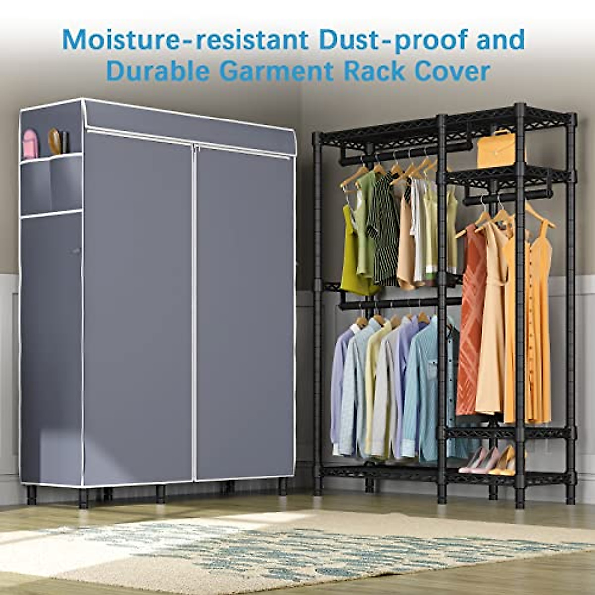 VIPEK V2C Heavy Duty Covered Clothes Rack for Hanging Clothes, Black Metal Clothing Rack with Gray Oxford Fabric Cover, Portable Closet Rack Freestanding Wardrobe Closet, 1 inch Rod, Max Load 650LBS