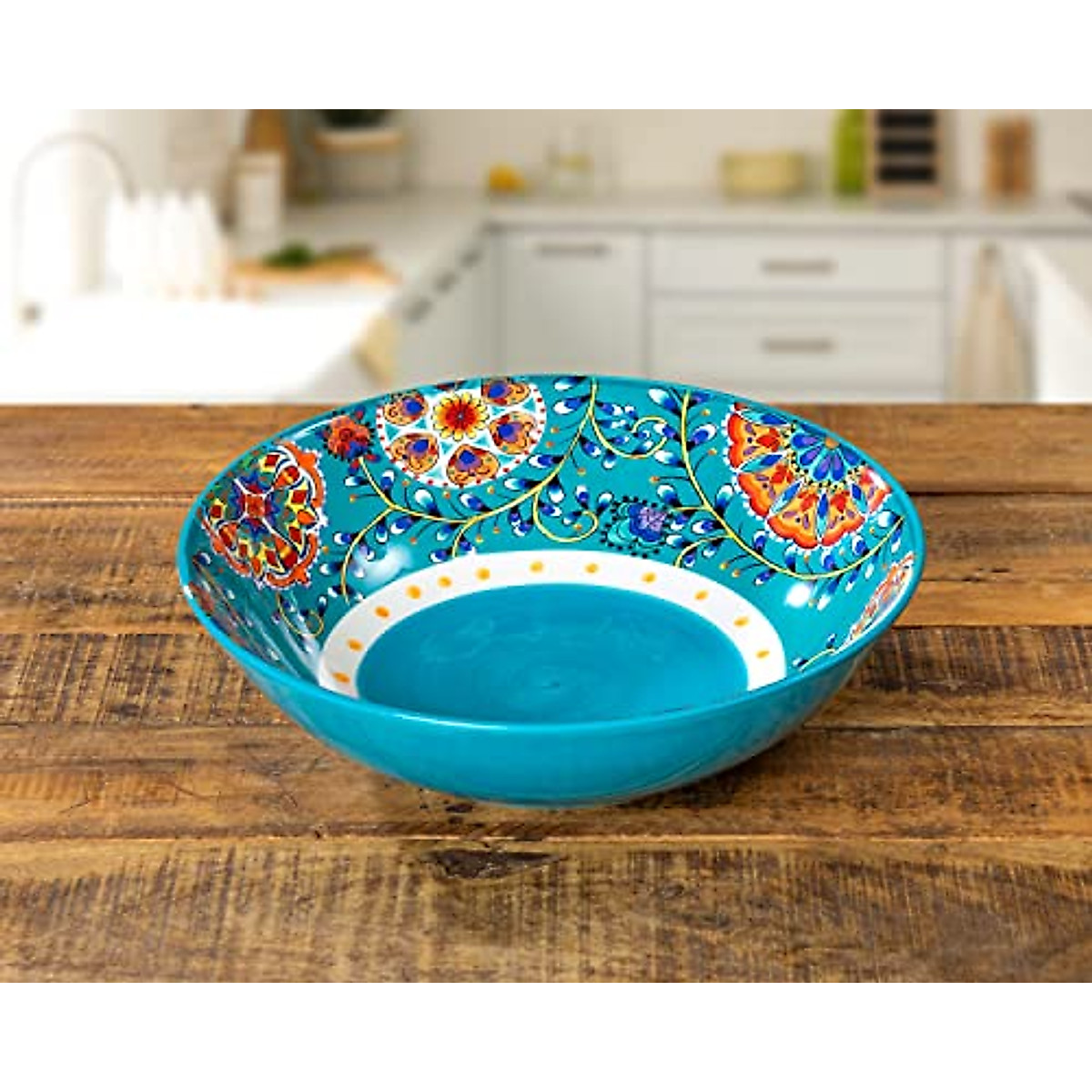 MICROWAVE SAFE Holiday Christmas DInner Ceramic Large Serving Bowl Pasta Bowl Fruit Bowl Salad Bowl Party Holiday Bohemian Talavera Spanish Influenced Design (Turquoise)