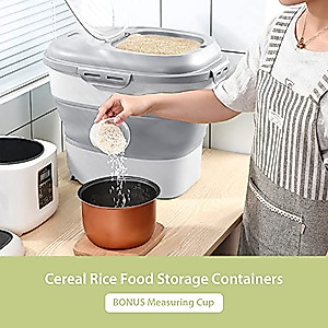 Rice Container Cereal Food Storage, Lockcoo Collapsible Airtight Rice Dispenser 20 to 50 Lbs with Measuring Cup & Wheels, Dry Food Flour Sugar Storage Container Large Kitchen Pantry Holder, Grey