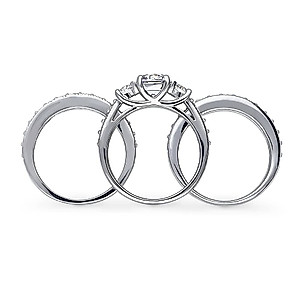 BERRICLE Sterling Silver 3-Stone Wedding Engagement Rings Round Cubic Zirconia CZ Ring Set for Women, Rhodium Plated Size 7
