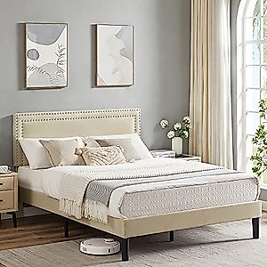 VECELO Queen Size Platform Bed Frame with Height Adjustable Upholstered Headboard, Modern Mattress Foundation,Strong Wood Slat Support, No Box Spring Needed, Easy Assembly