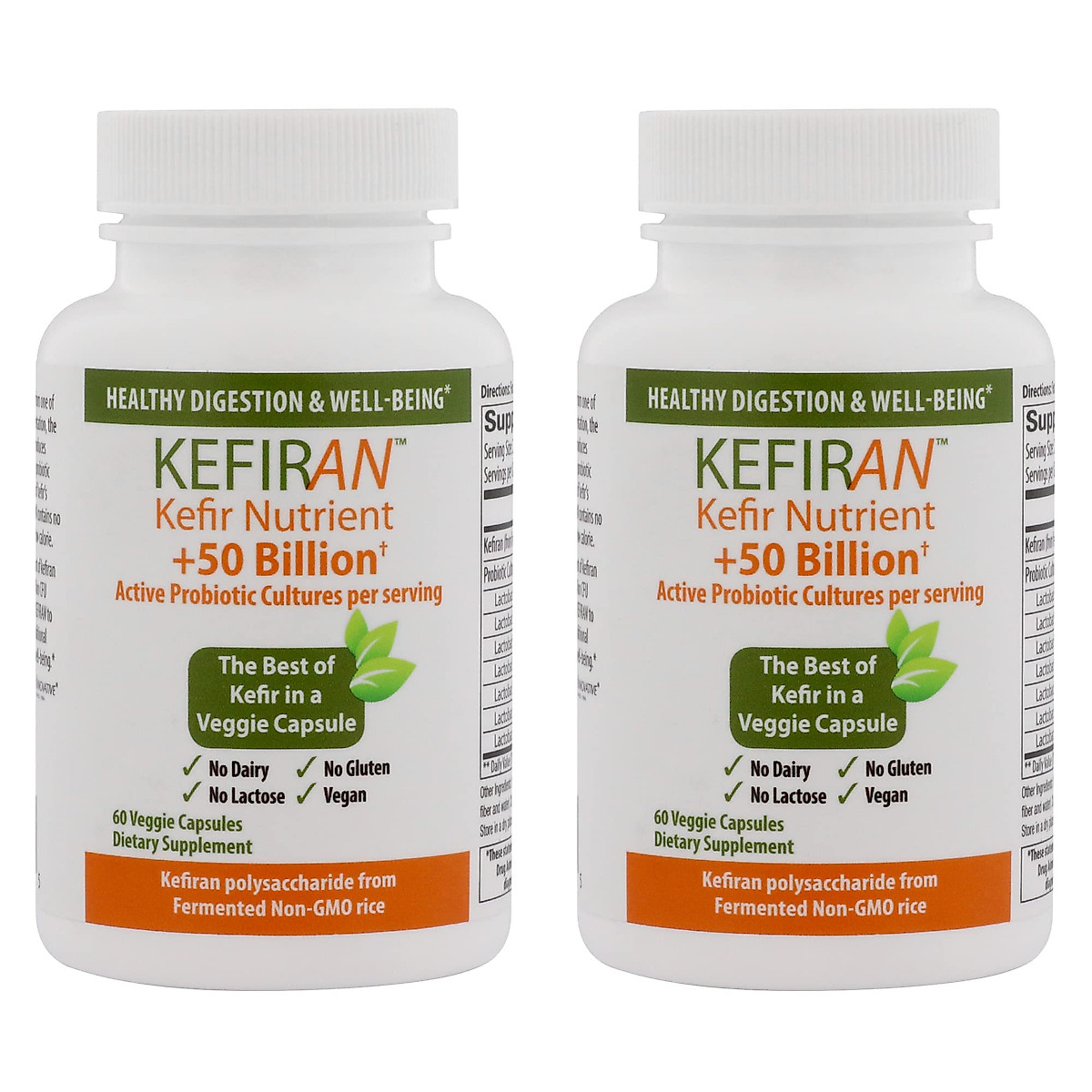 Lane Innovative - Kefiran, Vegetable Capsules, Kefir Nutrient + 50 Billion Active Probiotic Cultures, Supports Optimal Digestive Health (60 Servings) | 2-Pack