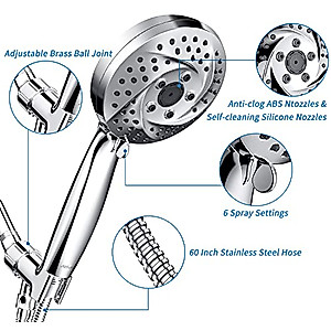 Atthomie Modern Shower Head with 6 Spray Settings, Anti-Clog Detachable & Removable, 60 Inch Stainless Steel Hose, Adjustable Brass Joint, Tool-Free Installation