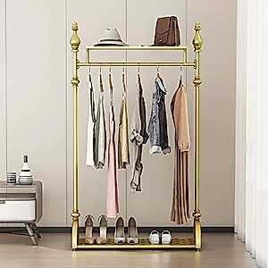 Clothing Rack Gold, Industrial Clothes Rack for hanging Clothes with Double Shelves Freestanding Multi-functional Heavy Duty Garment Rack, Metal Movable Coat Rack for Organizing Clothes Shoes
