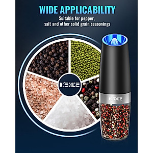 Gravity Electric Pepper and Salt Grinder Set, Adjustable Coarseness, Battery Powered with LED Light, One Hand Automatic Operation, Stainless Steel Black, 2 Pack