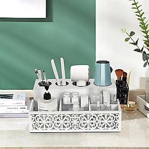 TRSPCWR Hair Tool Organizer, White Hair Dryer Holder, Bathroom Countertop Blow Dryer Holder with Side Basket, Hollow Out Design, Vanity Caddy Storage Stand for Makeup, Toiletries