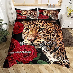 Custom Name Leopard Print Comforter Cover Red Rose Flower Duvet Cover Queen,Cheetah Bedding Set Big Cat Wildlife Bed Set Wild Animal Theme Bedroom Decor for Boys Girls Youth Men Women Female,Brown