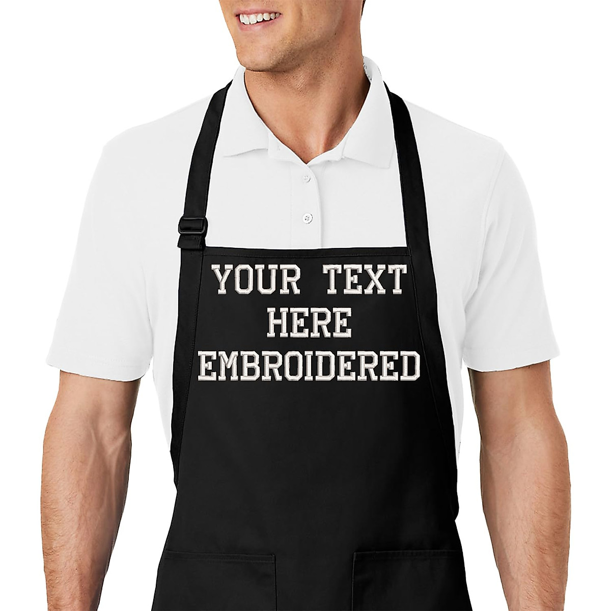 PLACE4PRINT Personalized Chef Apron Embroidered Design - Customized Aprons for Women and Men, Kitchen Chef Apron with 2 Pockets and Long Ties, Adjustable Bib Apron for Cooking, Serving