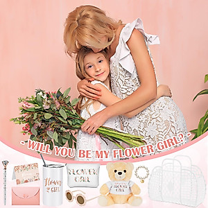Sieral 2 Sets 18 Pcs Flower Girl Jelly Basket Set Including Flower Girl Tumbler Bear Sunglasses Makeup Bag Bracelet Proposal Card with Pen Envelope Plastic Handbag for Wedding Bridal Shower (White)