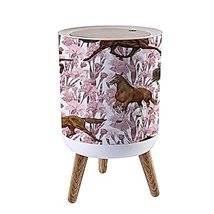 Round Trash Can with Press Lid Running horse and floral seamless for printing on textilesWallpaper Small Garbage Can Trash Bin Dog-proof Trash Can Wooden Legs Waste Bin Wastebasket 7L/1.8 Gallon