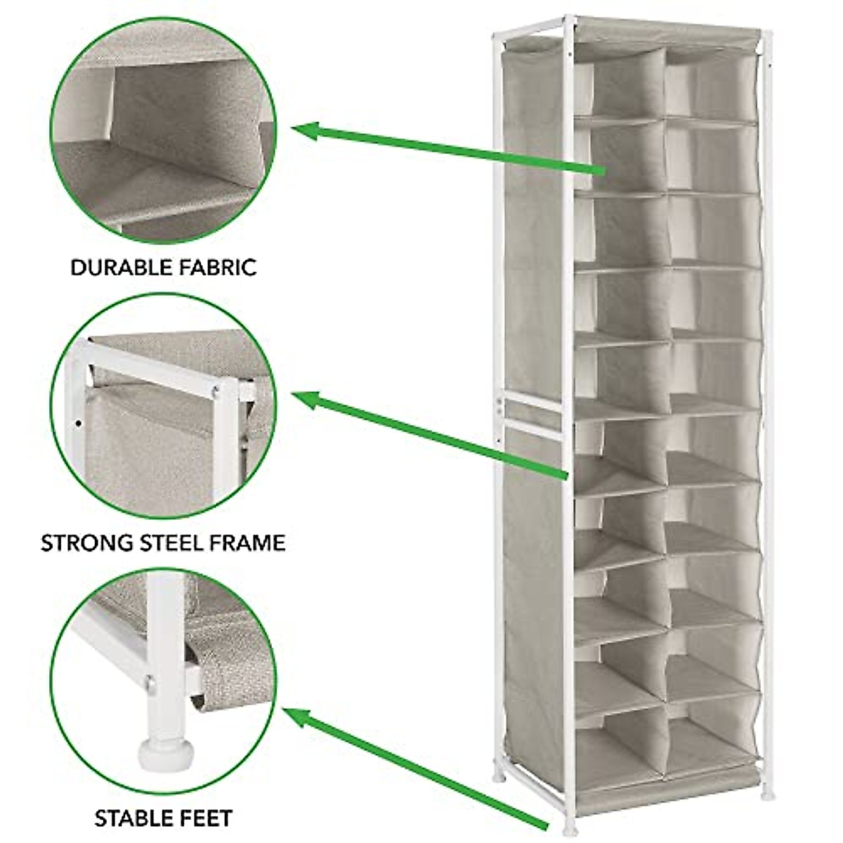 mDesign Vertical Fabric and Metal Standing Shoe Tower Rack & Organizer - 10-Tier Shoe Stand - Holds 20 Pairs of Mens, Womens and Kids Shoes, Easy Assembly - Closet Organization - Linen